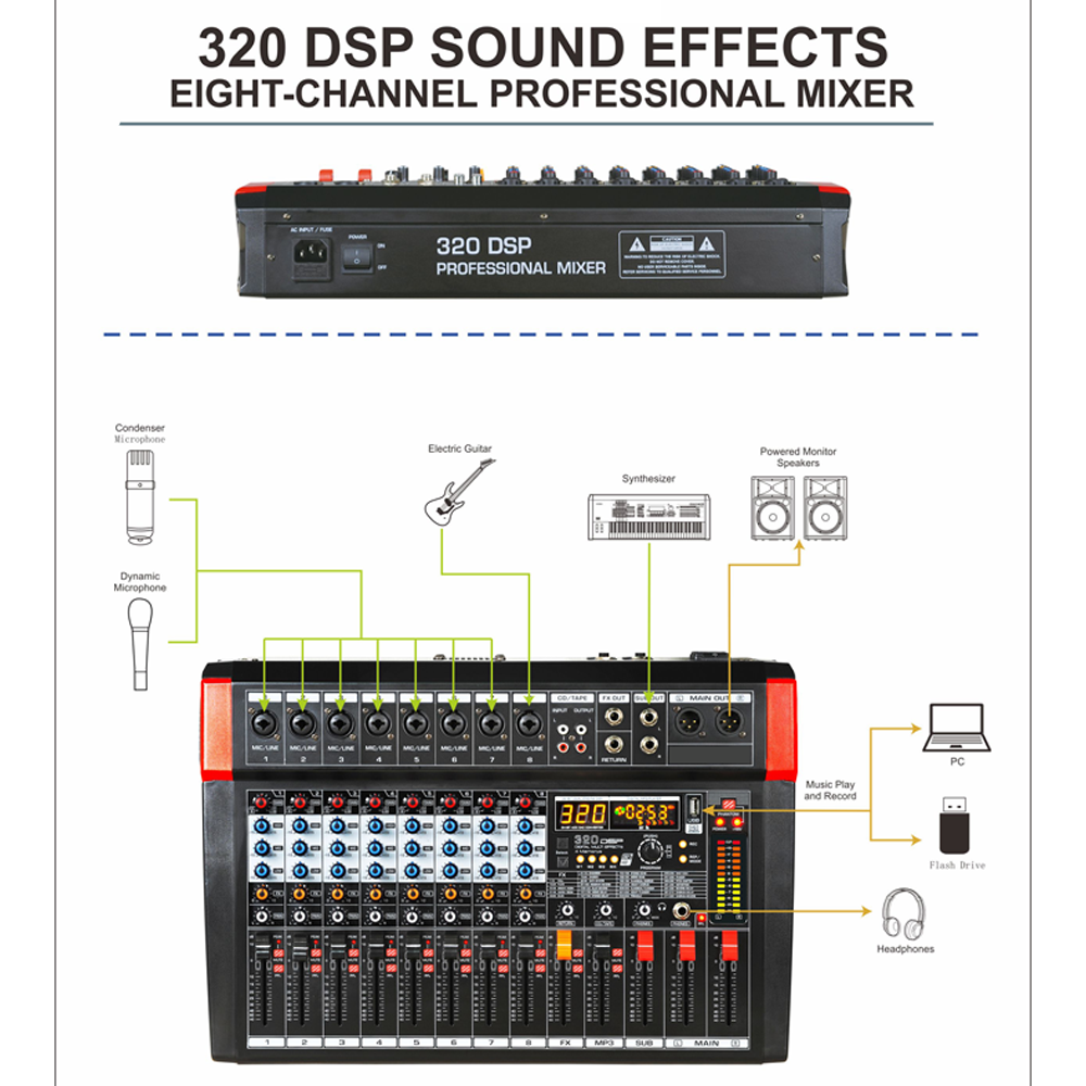 Professional Recording 8 Channel Mixer With Effects and Bluetooth